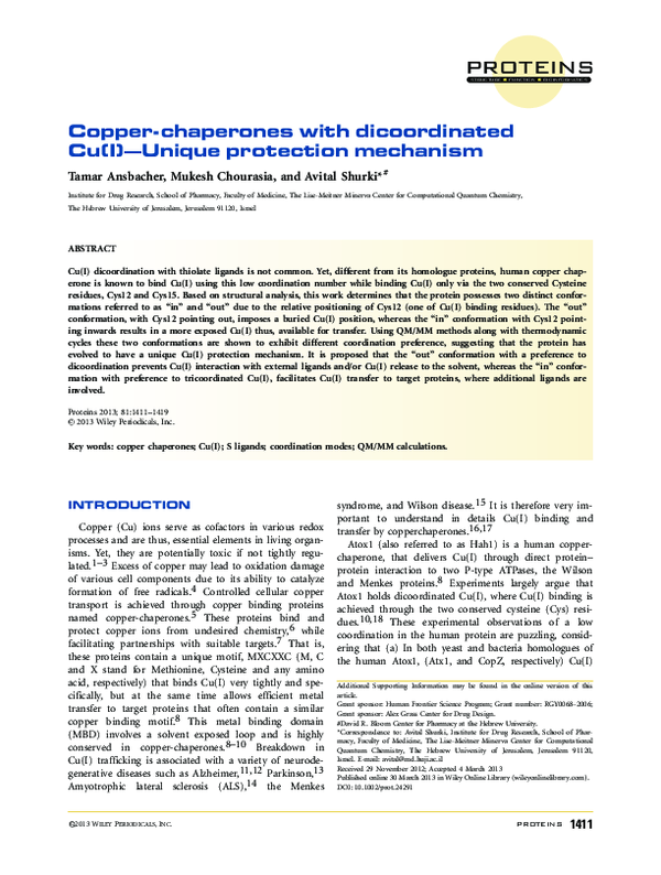 (PDF) Copper-chaperones with dicoordinated Cu(I)-Unique protection ...