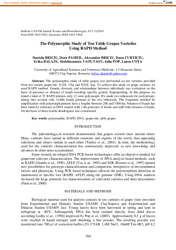 (PDF) The Polymorphic Study of Ten Table Grapes Varieties Using RAPD Method