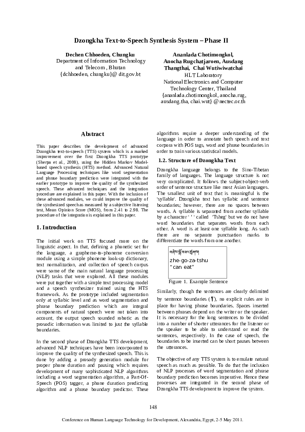 (PDF) Dzongkha Text-to-Speech Synthesis System–Phase II