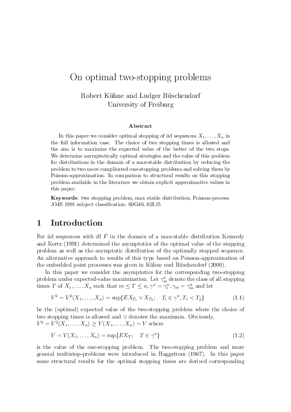 (PDF) On optimal two-stopping problems | Ludger Rüschendorf - Academia.edu