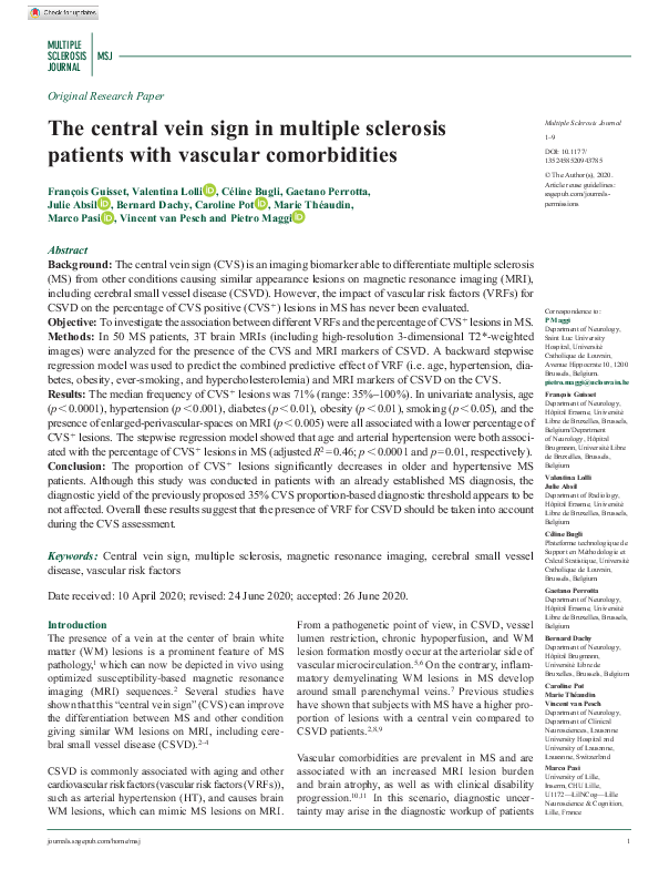 (PDF) The central vein sign in multiple sclerosis patients with ...