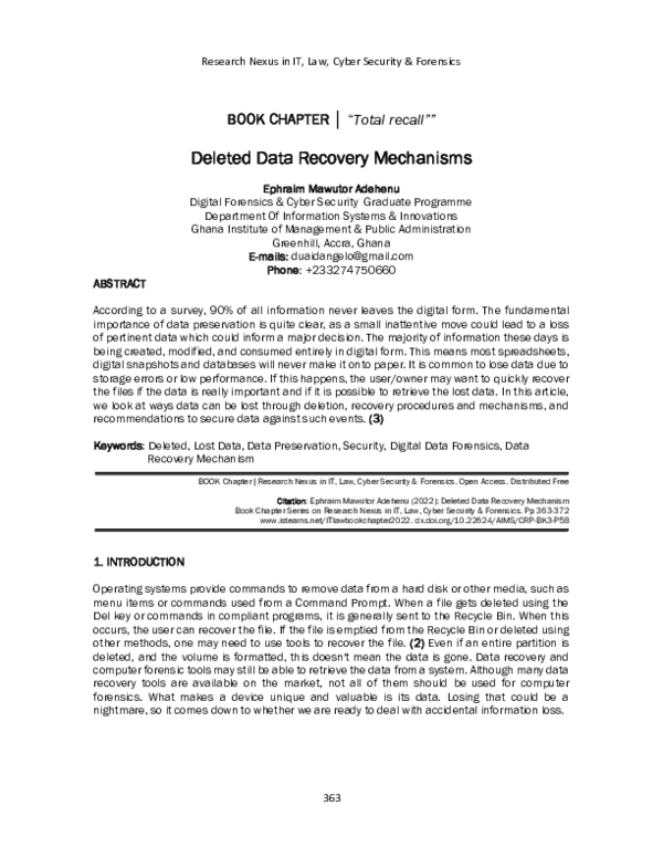 (PDF) Deleted Data Recovery Mechanism