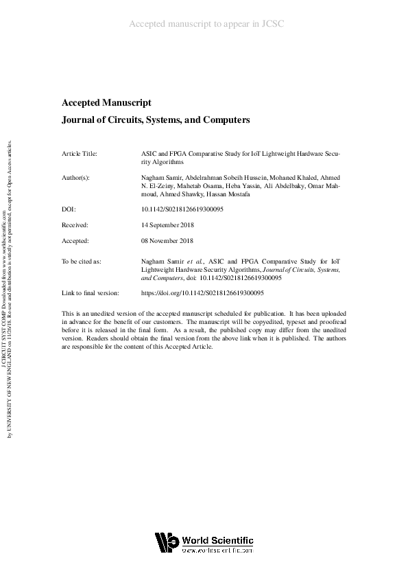 (PDF) ASIC and FPGA Comparative Study for IoT Lightweight Hardware Security Algorithms