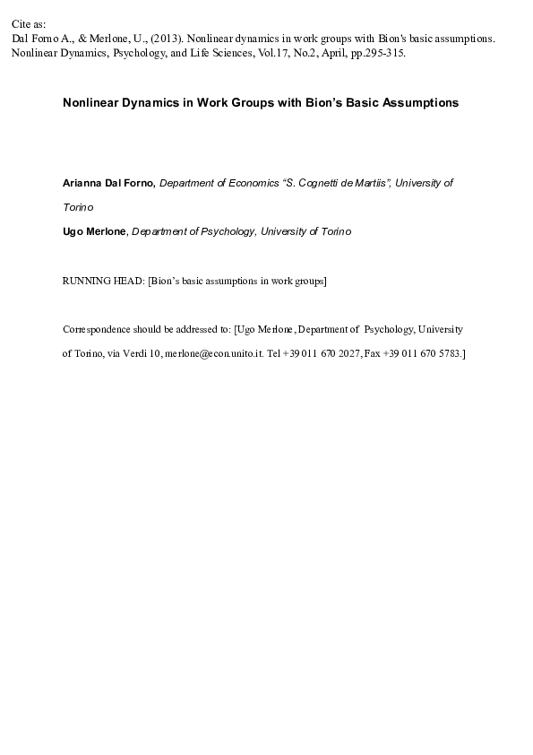 (PDF) Nonlinear dynamics in work groups with Bion's basic assumptions
