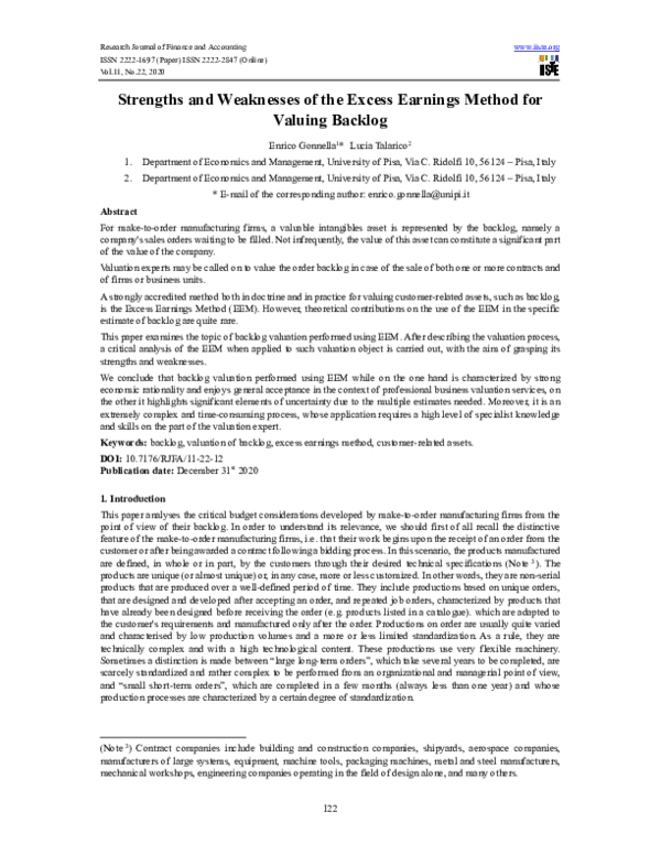 (PDF) Strengths and Weaknesses of the Excess Earnings Method for ...