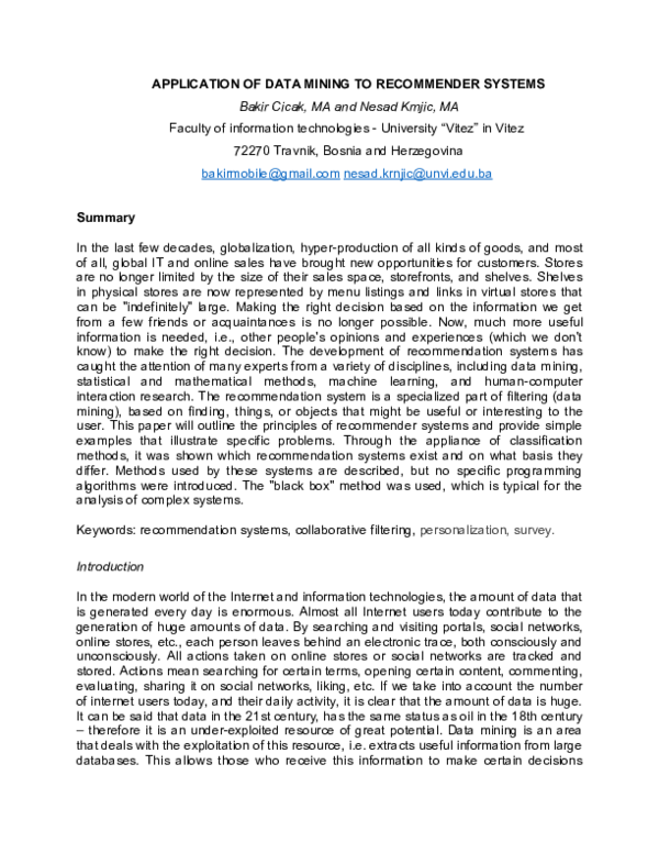 (PDF) APPLICATION OF DATA MINING TO RECOMMENDER SYSTEMS