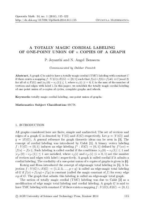 (PDF) A totally magic cordial labeling of one-point union of n copies ...