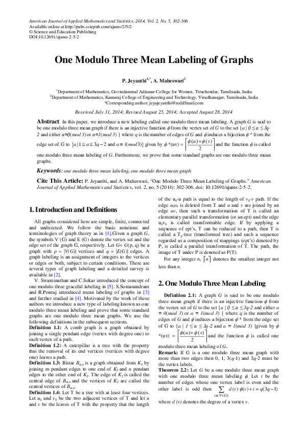 (PDF) One Modulo Three Mean Labeling of Graphs