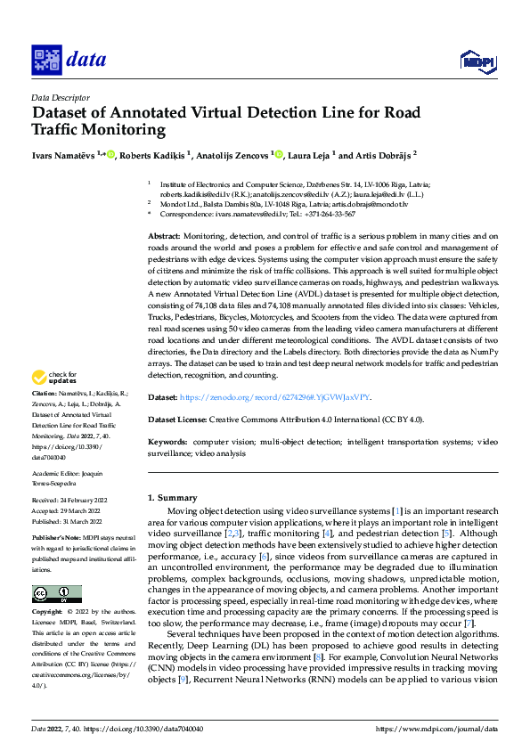 (PDF) Dataset of Annotated Virtual Detection Line for Road Traffic Monitoring