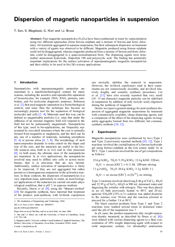 (PDF) Dispersion of magnetic nanoparticles in suspension