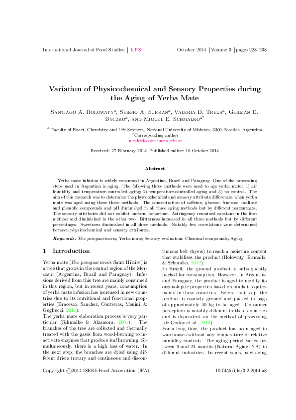 (PDF) Variation of physicochemical and sensory properties during the aging of yerba mate