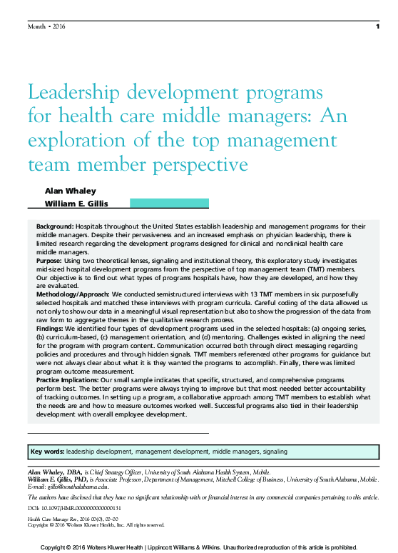 (PDF) Leadership development programs for health care middle managers: An exploration of the top ...