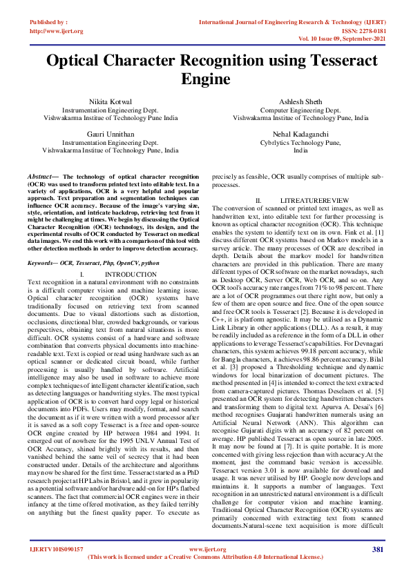 (PDF) Optical Character Recognition using Tesseract Engine