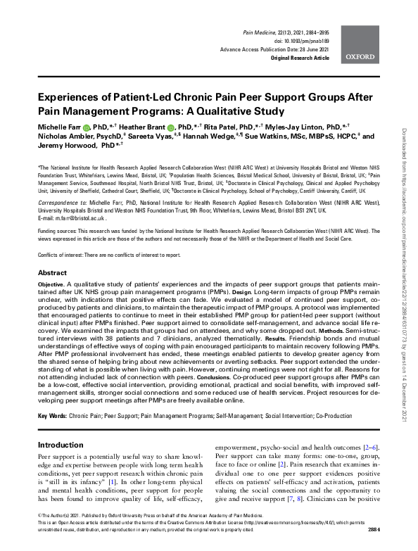 (PDF) Experiences of Patient-Led Chronic Pain Peer Support Groups After ...