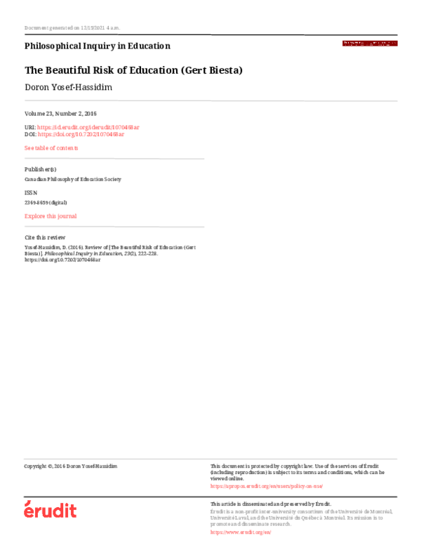 (PDF) The Beautiful Risk of Education (Gert Biesta)