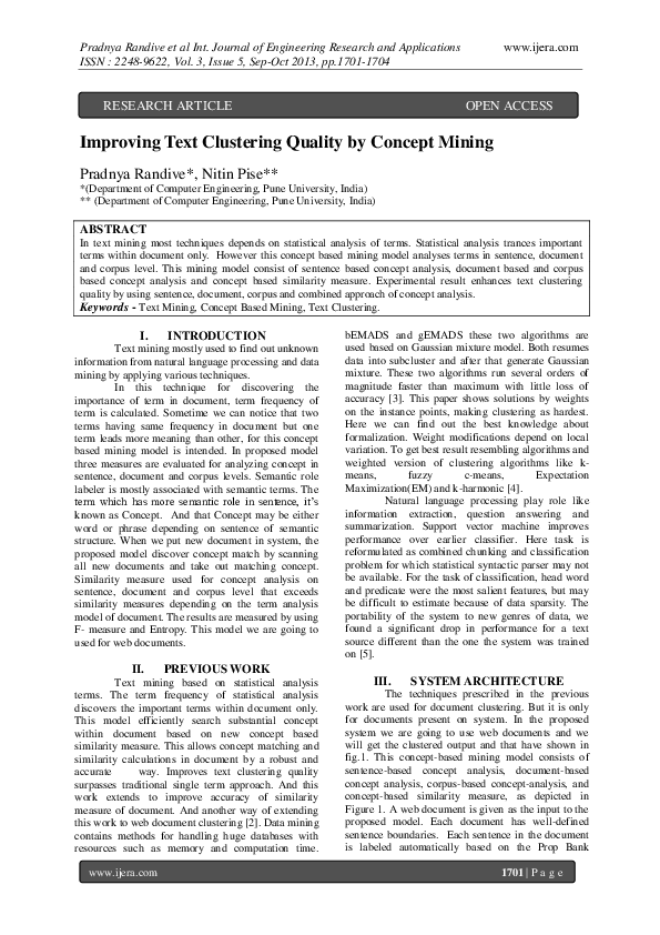 (PDF) Improving Text Clustering Quality by Concept Mining | Nitin Pise - Academia.edu