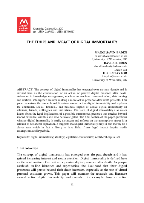 (PDF) The Ethics and Impact of Digital Immortality