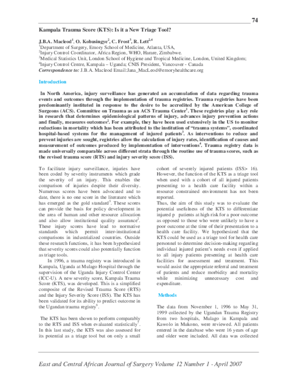 (PDF) Kampala Trauma Score (KTS): Is it a New Triage Tool?