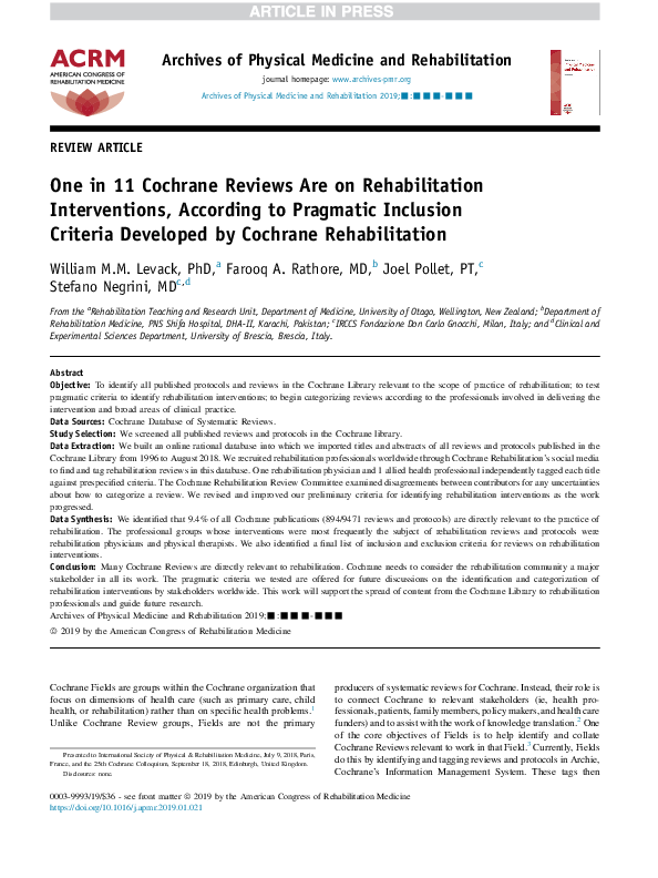 (PDF) One in 11 Cochrane Reviews Are on Rehabilitation Interventions ...