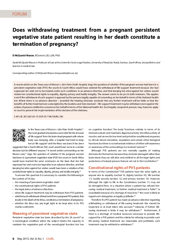 (PDF) Does withdrawing treatment from a pregnant persistent vegetative state patient resulting ...