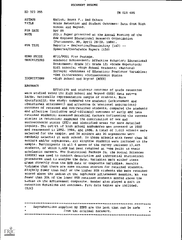 (PDF) Grade Retention and Student Outcomes: Data from High School and ...