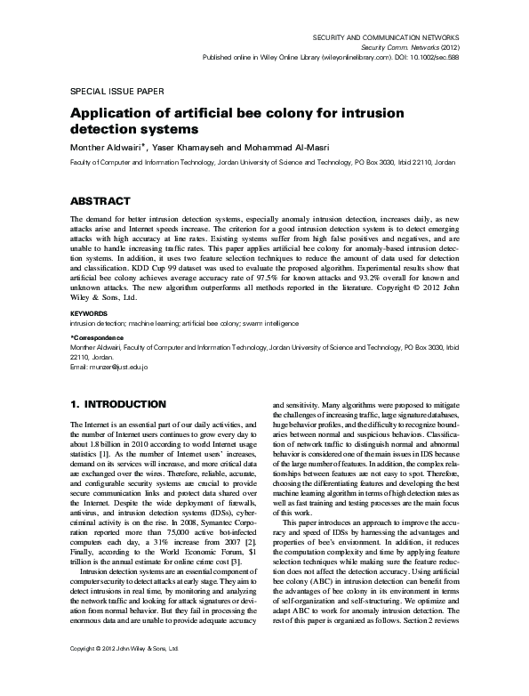 (PDF) Application of artificial bee colony for intrusion detection systems