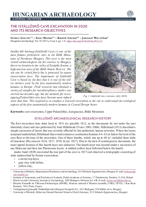 (PDF) The Istállóskő Cave Excavation in 2020 and Its Research Objectives