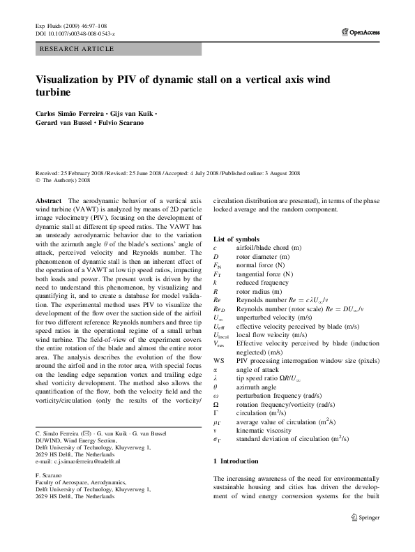Pdf Visualization By Piv Of Dynamic Stall On A Vertical Axis Wind