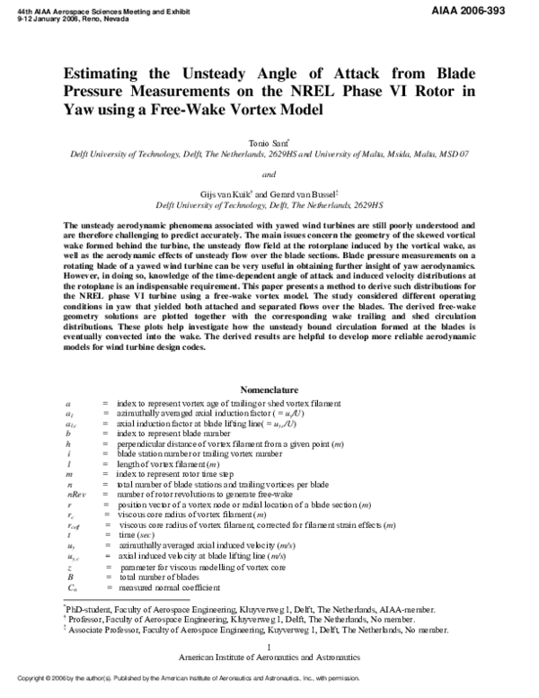 (PDF) Estimating the Unsteady Angle of Attack from Blade Pressure Measurments on the NREL Phase ...