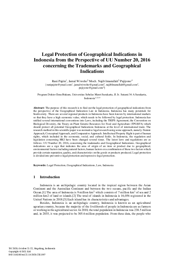 Pdf Legal Protection Of Geographical Indications In Indonesia From The Perspective Of Uu