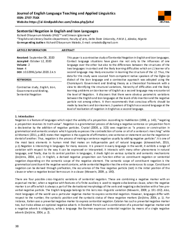 (PDF) Sentential Negation in English and Izon Languages
