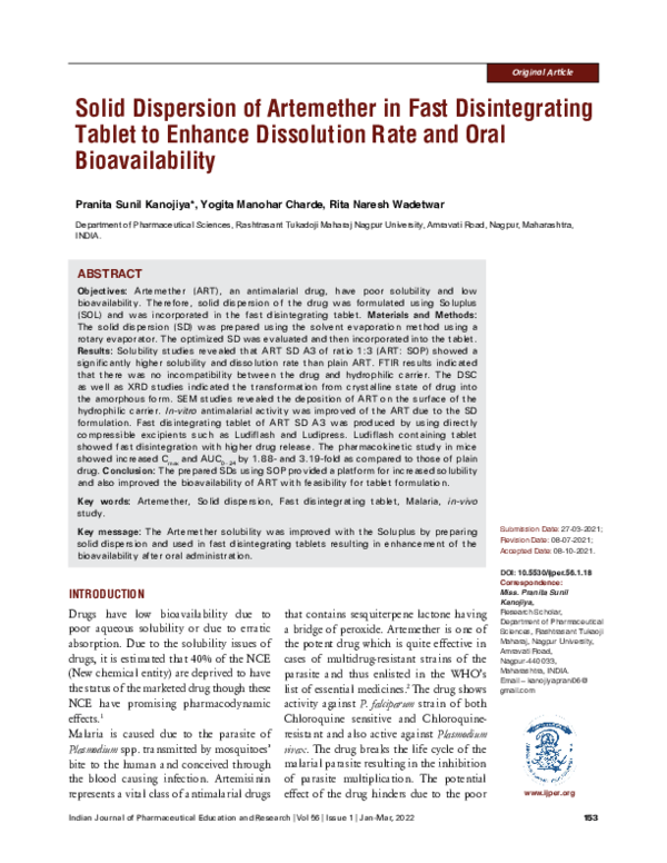 (PDF) Solid Dispersion of Artemether in Fast Disintegrating Tablet to ...