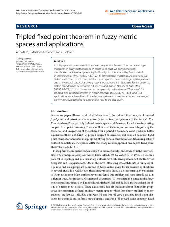 Pdf Tripled Fixed Point Theorem In Fuzzy Metric Spaces And Applications