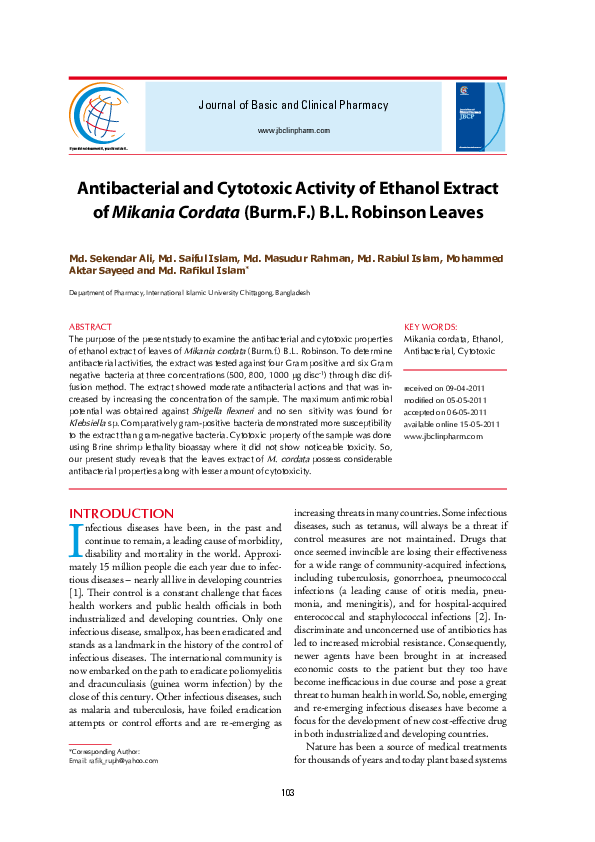 (PDF) Antibacterial and cytotoxic activity of ethanol extract of ...