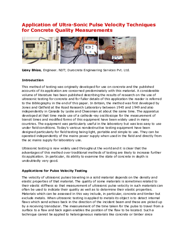 (PDF) Application of UltraSonic Pulse Velocity Techniques for Concrete Quality Measurements