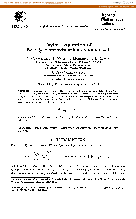 (PDF) Taylor expansion of best lp-approximations about p = 1