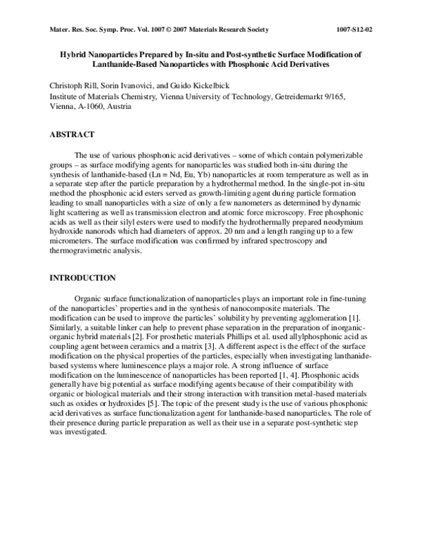 (PDF) Hybrid Nanoparticles Prepared by In-situ and Post-synthetic Surface Modification of ...
