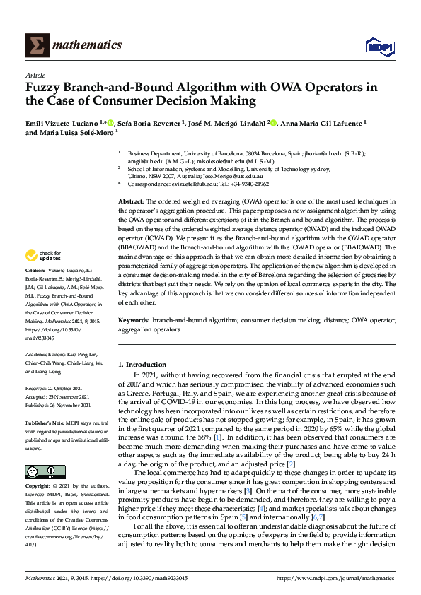 (PDF) Fuzzy Branch-and-Bound Algorithm with OWA Operators in the Case of Consumer Decision Making