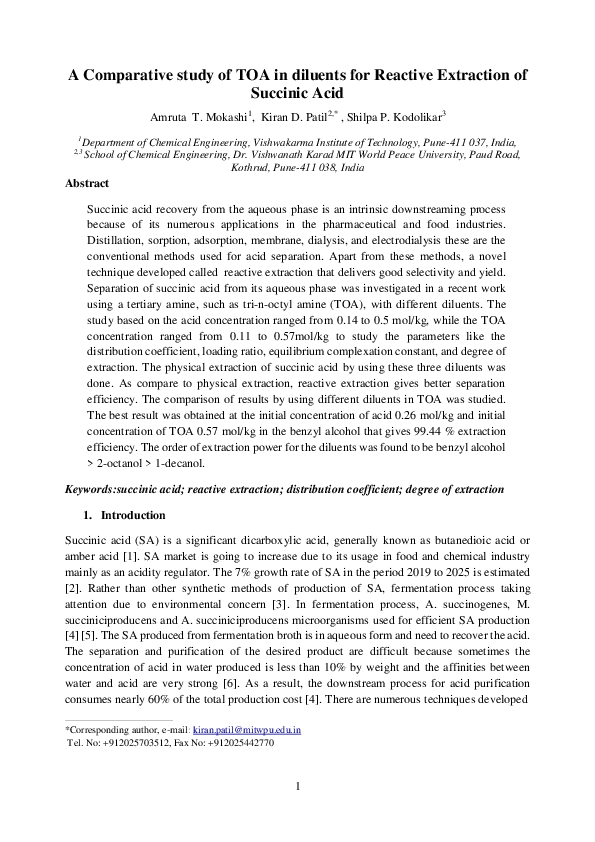 (PDF) A Comparative study of TOA in diluents for Reactive Extraction of Succinic Acid