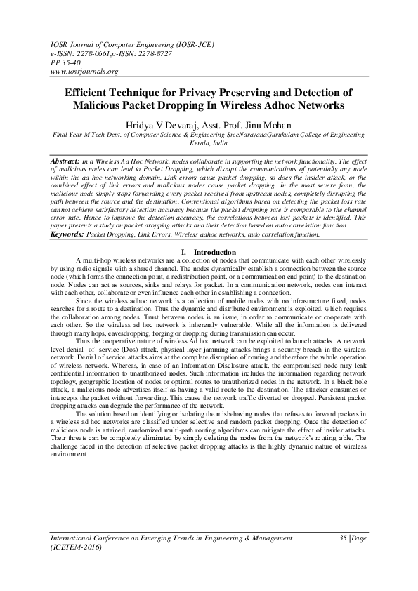 Efficient Technique For Privacy Preserving And Detection Of Malicious Packet Dropping In