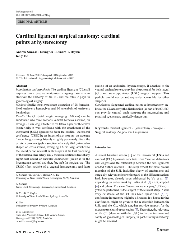(PDF) Cardinal ligament surgical anatomy: cardinal points at hysterectomy