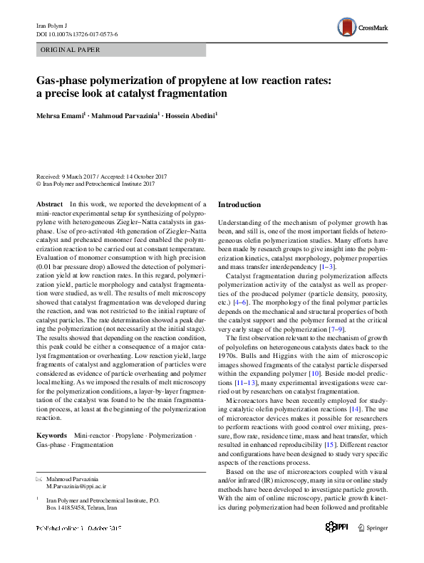 Pdf Gas Phase Polymerization Of Propylene At Low Reaction Rates A Precise Look At Catalyst