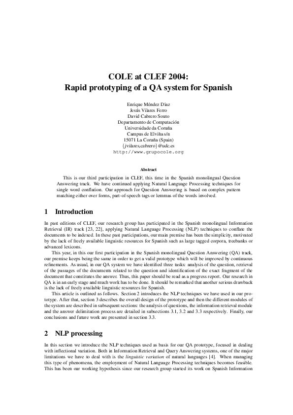(PDF) COLE at CLEF 2004: Rapid prototyping of a QA system for Spanish