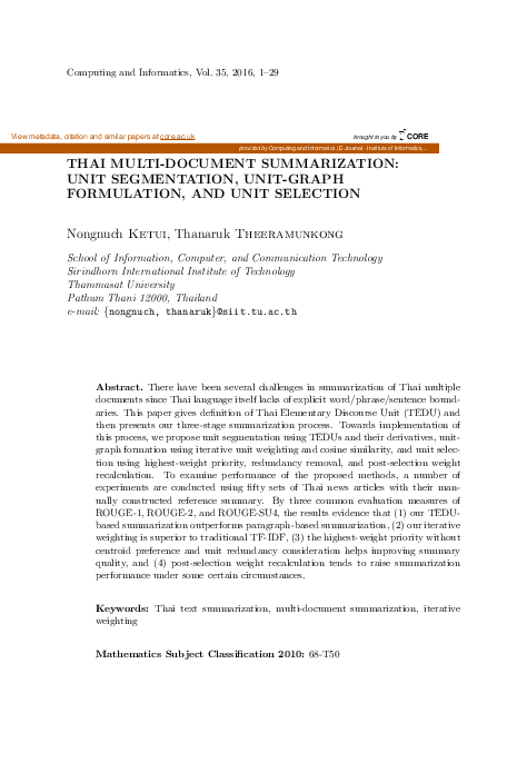 (PDF) Thai Multi-Document Summarization: Unit Segmentation, Unit-Graph Formulation, and Unit ...
