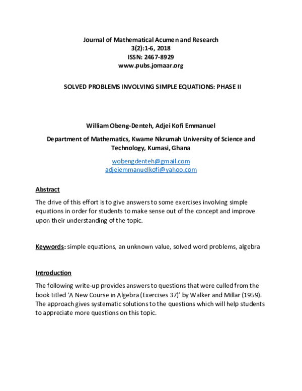 (PDF) Solved Problems Involving Simple Equations: Phase II | Emmanuel Adjei - Academia.edu