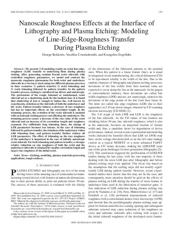 (PDF) Nanoscale Roughness Effects at the Interface of Lithography and Plasma Etching: Modeling ...