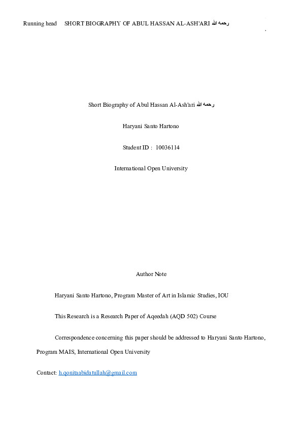 (DOC) Short Biography of Abul Hassan Al-Ash'ari‫اﻟﻠﻪ‬ ‫رﺣﻤﻪ