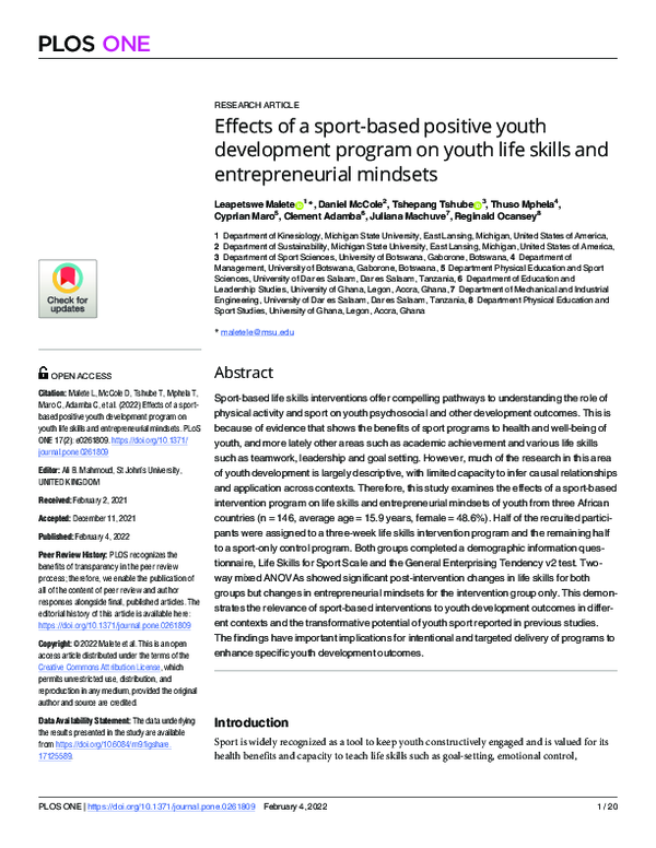(PDF) Effects of a sport-based positive youth development program on ...