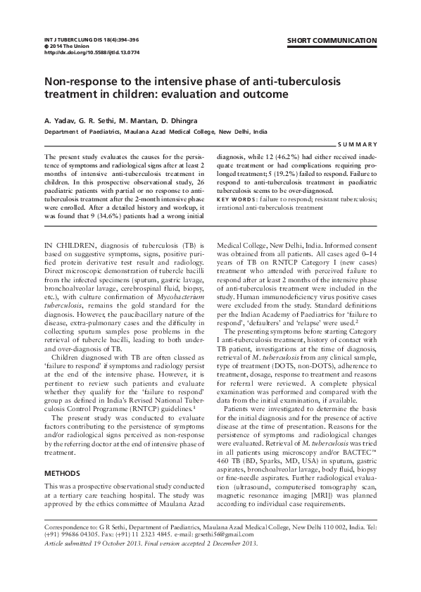 (PDF) Non-response to the intensive phase of anti-tuberculosis ...
