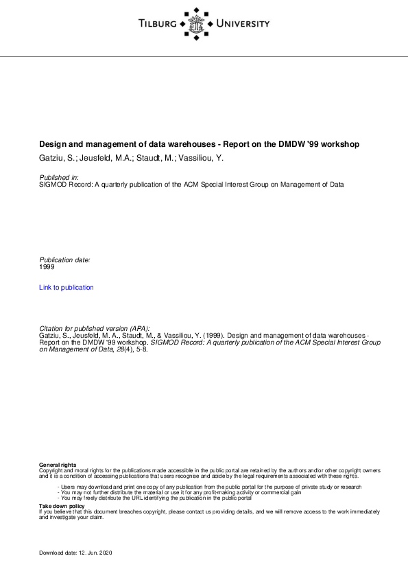 (PDF) Design and management of data warehouses report on the DMDW'99 workshop
